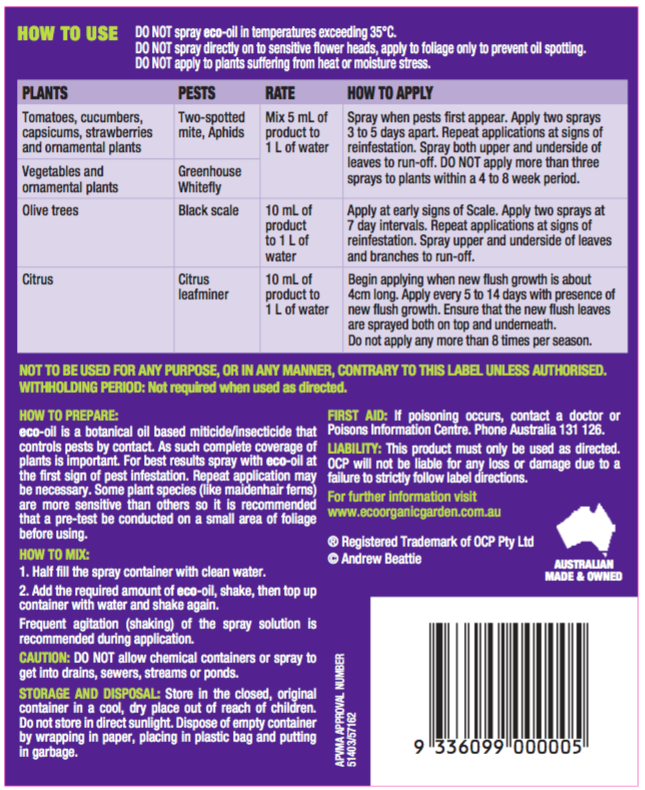 Eco-oil (500ml) Organic Miticide & Insecticide - Control Aphids, Mite ...