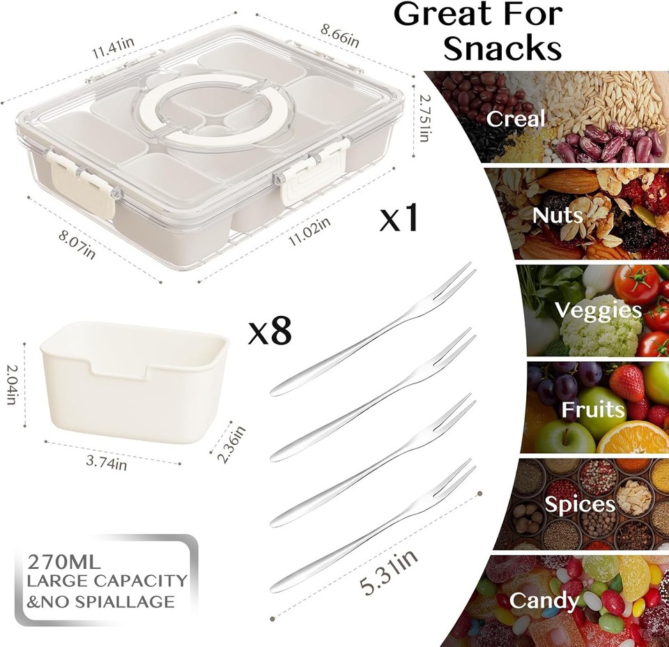 Snackle Box Container,Portable Snack Box 8 Compartment Divided Serving ...