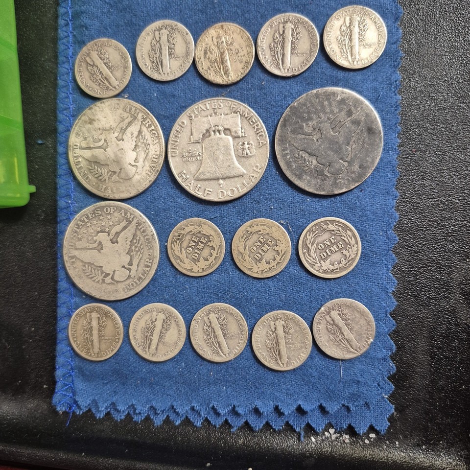 Mix Lot -3 Barber Halves, 1 Franklin Half, 3 Barber Dimes, 10 Mercury ...