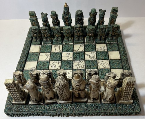 Sandstone Chess Set Green Aztec Design Complete | eBay