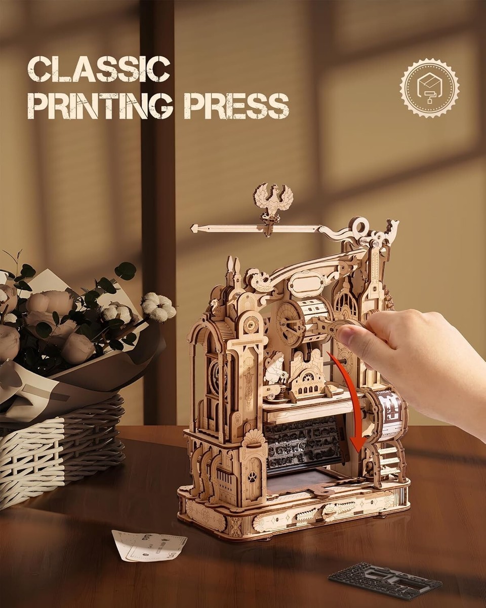 Woodblock Printing Press ROKR 3D Wooden Puzzle Model Printing Press