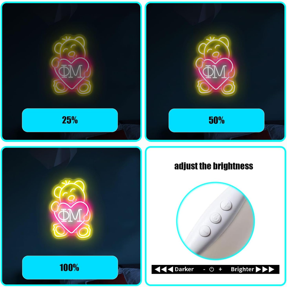 ΦM Sorority Teddy Bear Neon Signs,Dimmable Phi Mu LED Neon Lights for ...