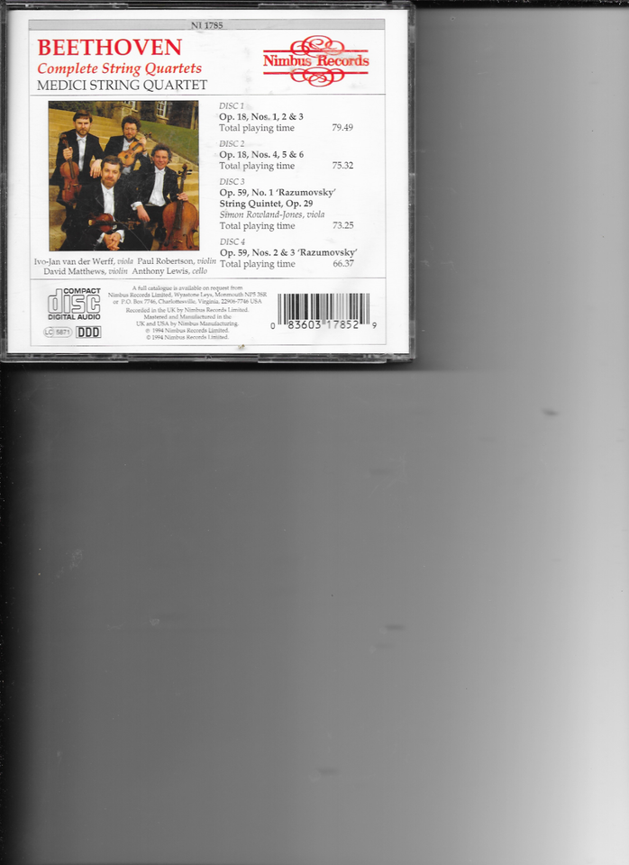 Medici String Quartet- Beethoven Complete String Quartets (4 CD 1994 ...