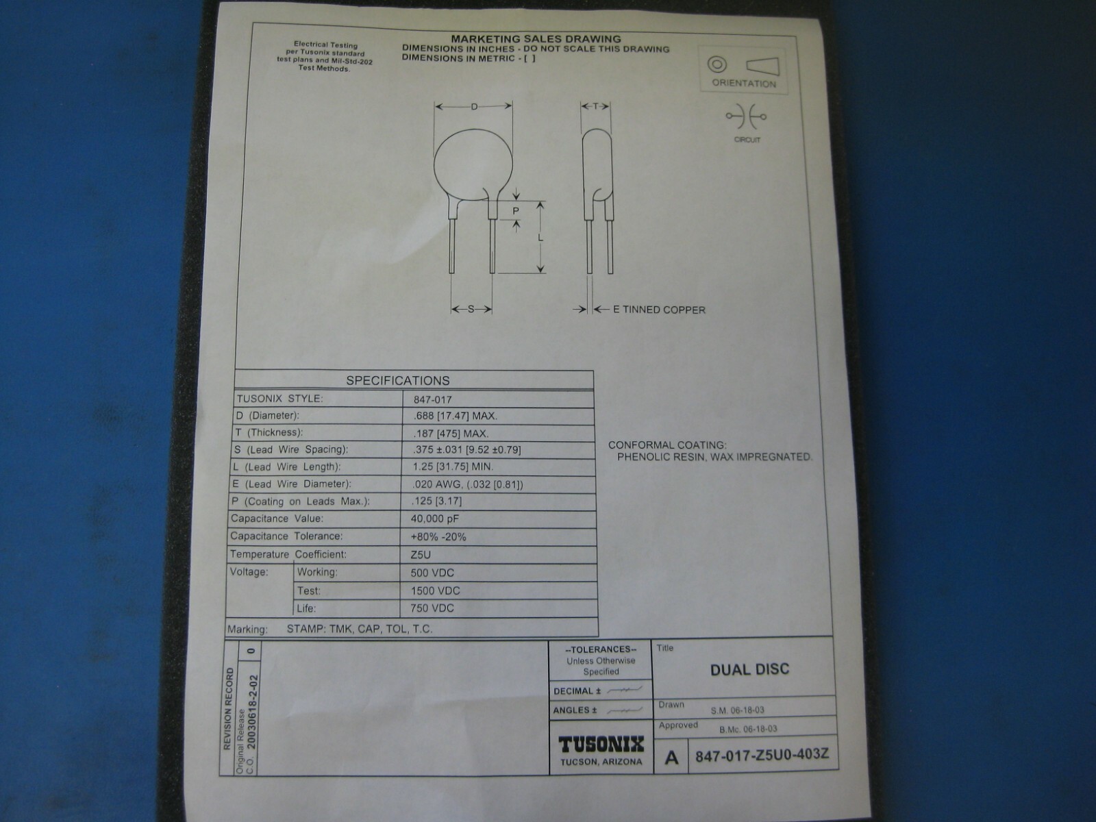 0.04uF 40000pF 500V Z5U DUAL DISC 847-017-Z5U0-403Z RESISTOR (LOT OF 1 ...