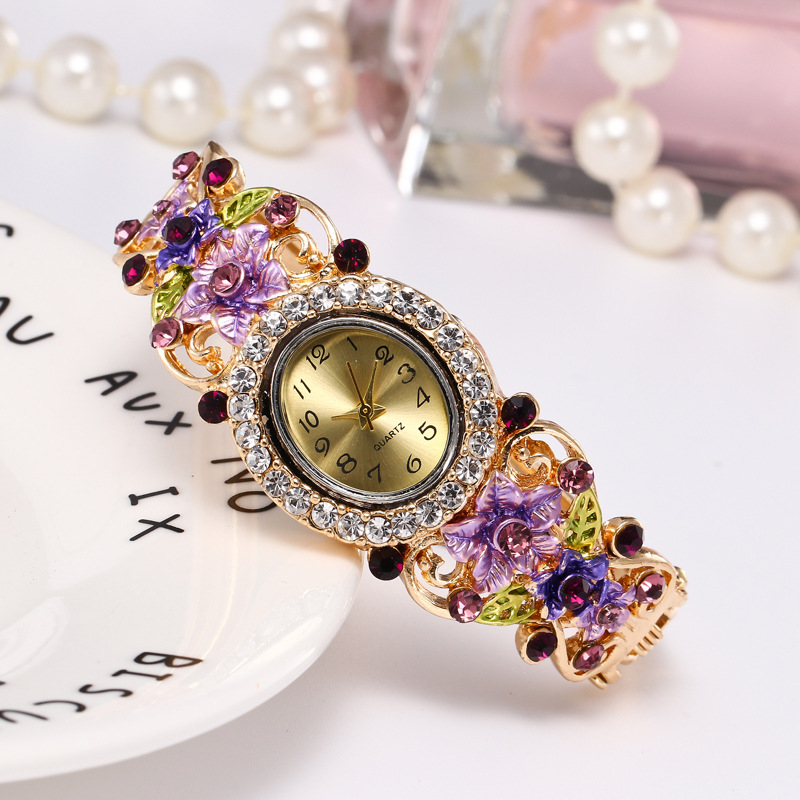 Flower-encrusted hallow women watch lady Casual Leather Strap Quartz ...