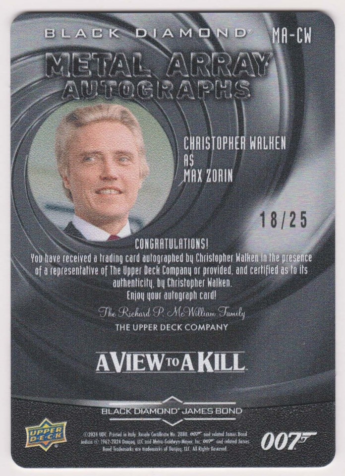 2023 James Bond Black Diamond Autograph Christopher Walken 18/25 Metal ...