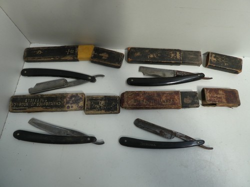 4 ANTIQUE CUT THROAT RAZORS & BOXES AS FOUND ESTATE LOT JOHNSON ...
