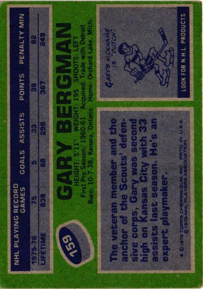 GARY BERGMAN 1977-78 Topps Hockey #159 FREE SHIP 50% OFF SALE ...
