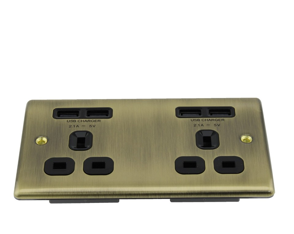 BG Nexus 13A Unswitched Double Socket with 4x USB Charger Antique Brass ...