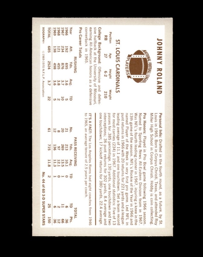 1970 Kellogg's Set-Break # 44 Johnny Roland NM-MT OR BETTER *GMCARDS ...