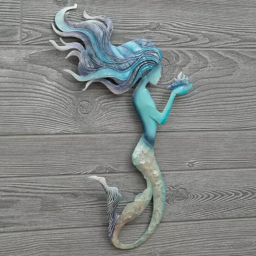 Coastal Wall Hanging: Large Metal MERMAID with Capiz Shells. Beach, Sea ...