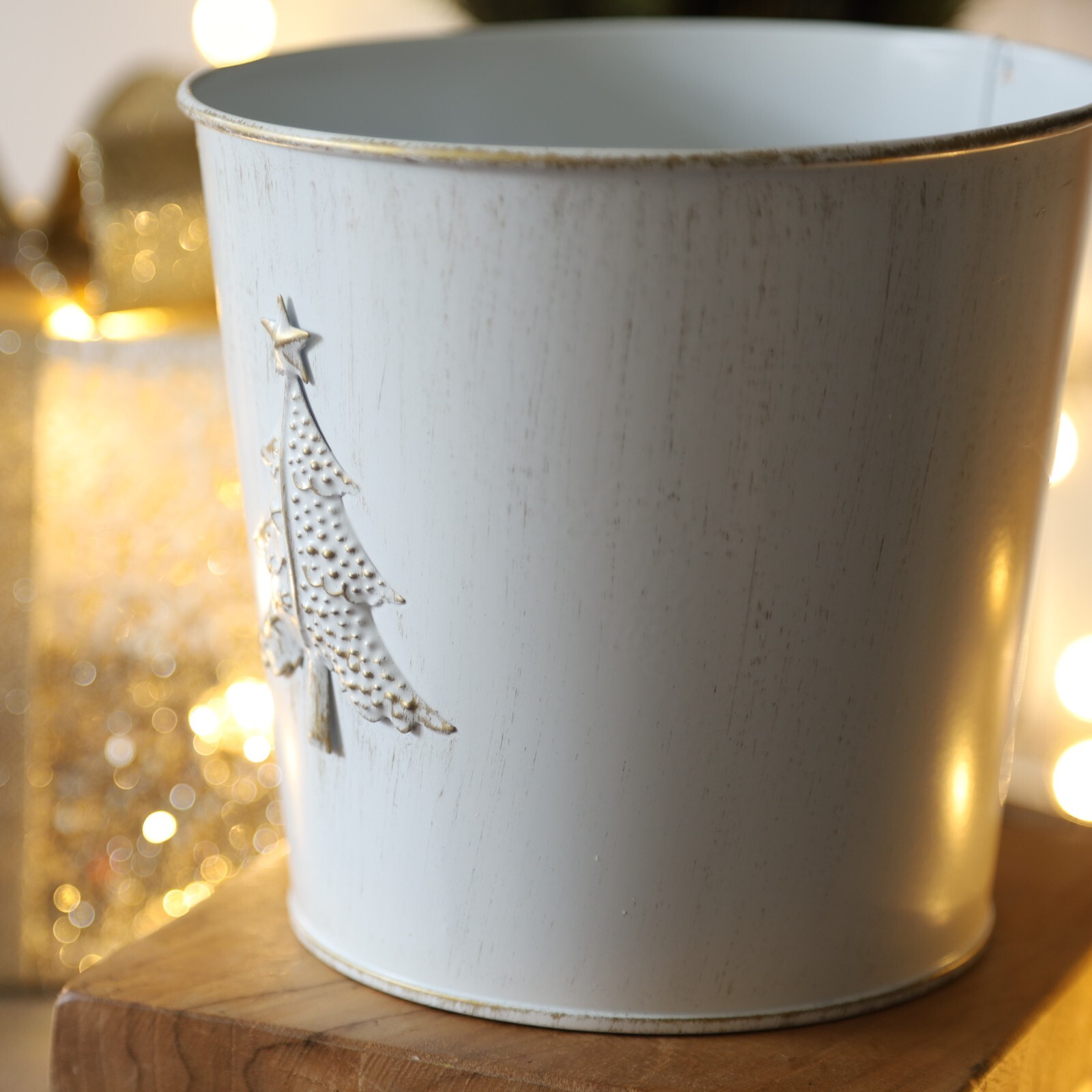 15cm Metal Christmas Tree Embossed Plant Pot Tin Pail Planter Gold ...