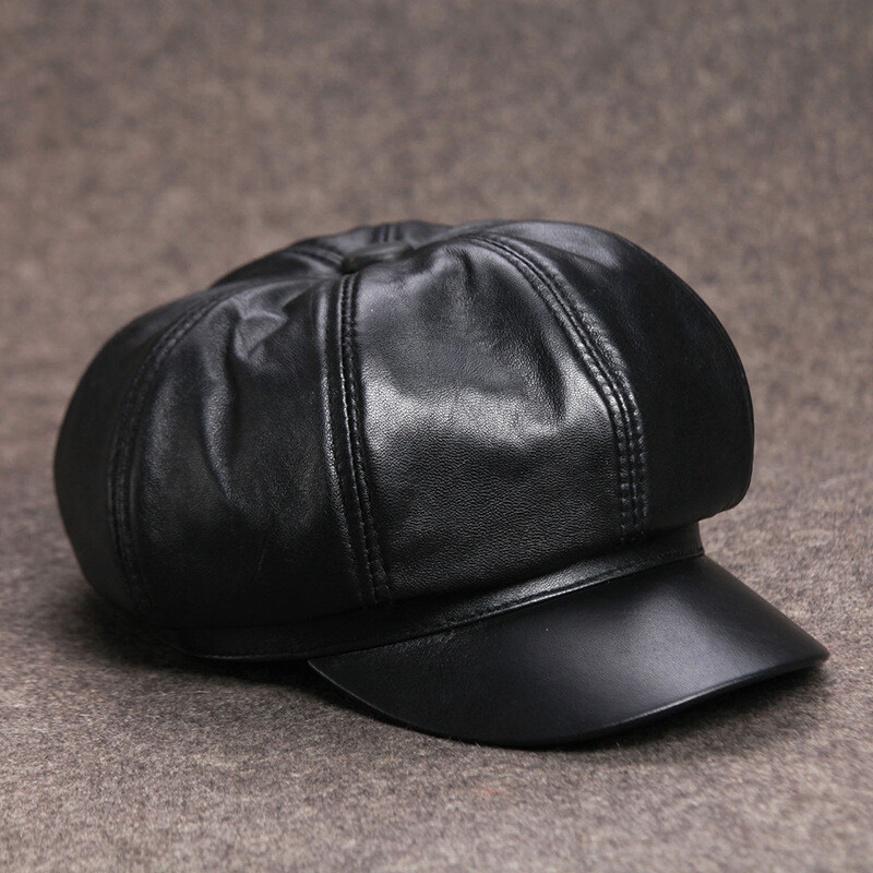 Sheepskin Leather Newsboy Cap Men Black Cap Octagonal Flat Cap Painter ...