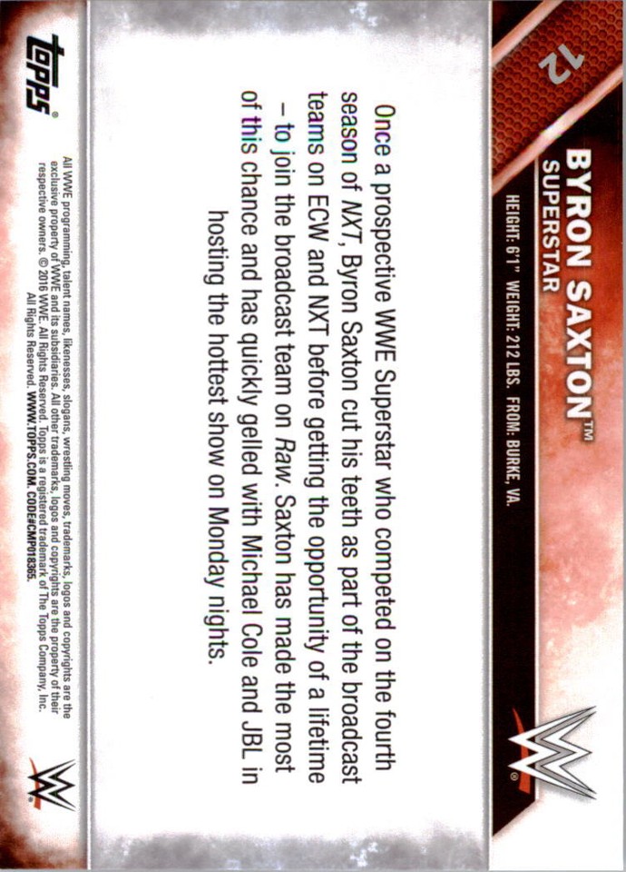 2016 Topps WWE Wrestling #12 Byron Saxton | eBay