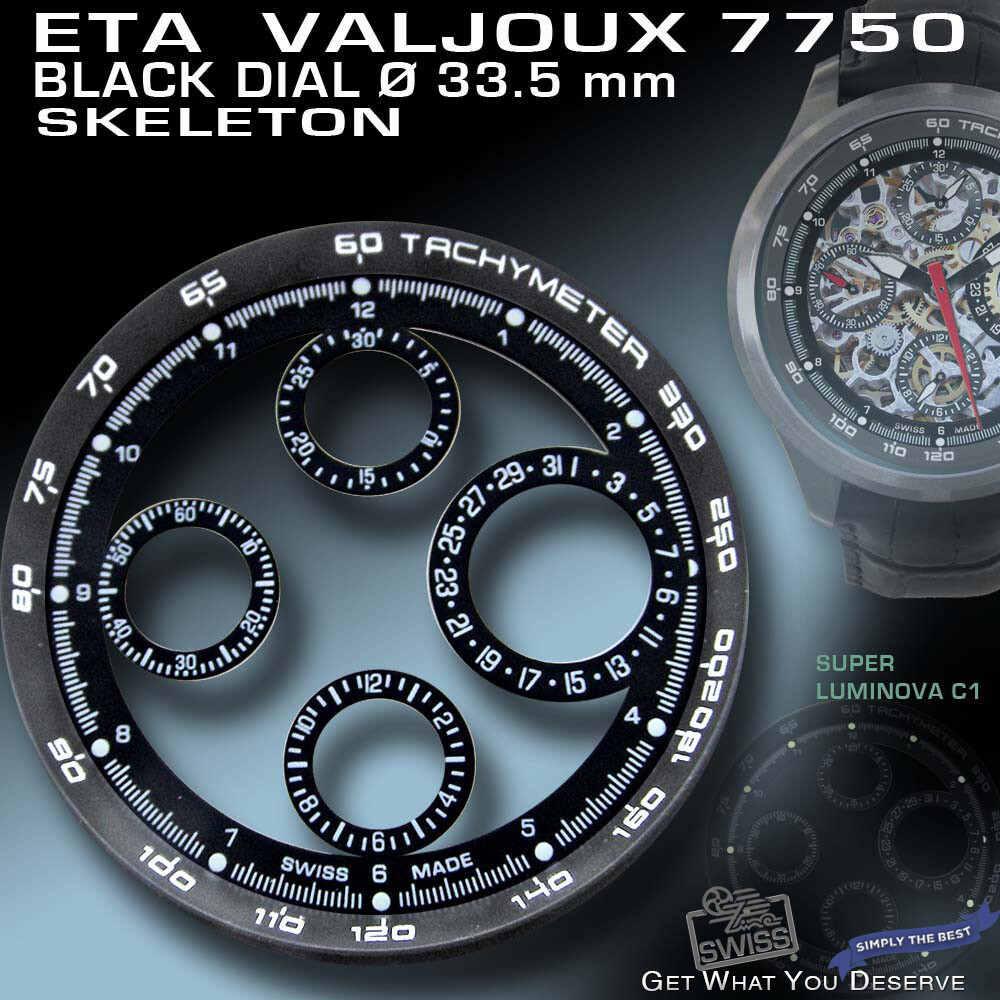 DIAL SKELETON FOR MOVEMENT ETA VALJOUX 7750, TACHYMETER RING, BLACK, Ø ...