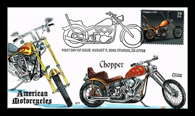 DR JIM STAMPS US COVER AMERICAN MOTORCYCLES CHOPPER FDC COLLINS HAND ...