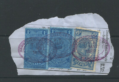 VICTORIA 1879 1S BLUE X 2 AND 6D BLUE STAMP STATUTE ON PIECE. NICE ITEM ...