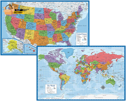Laminated World Map & US Map Poster Set - 18" X 29" - Wall Chart Maps ...