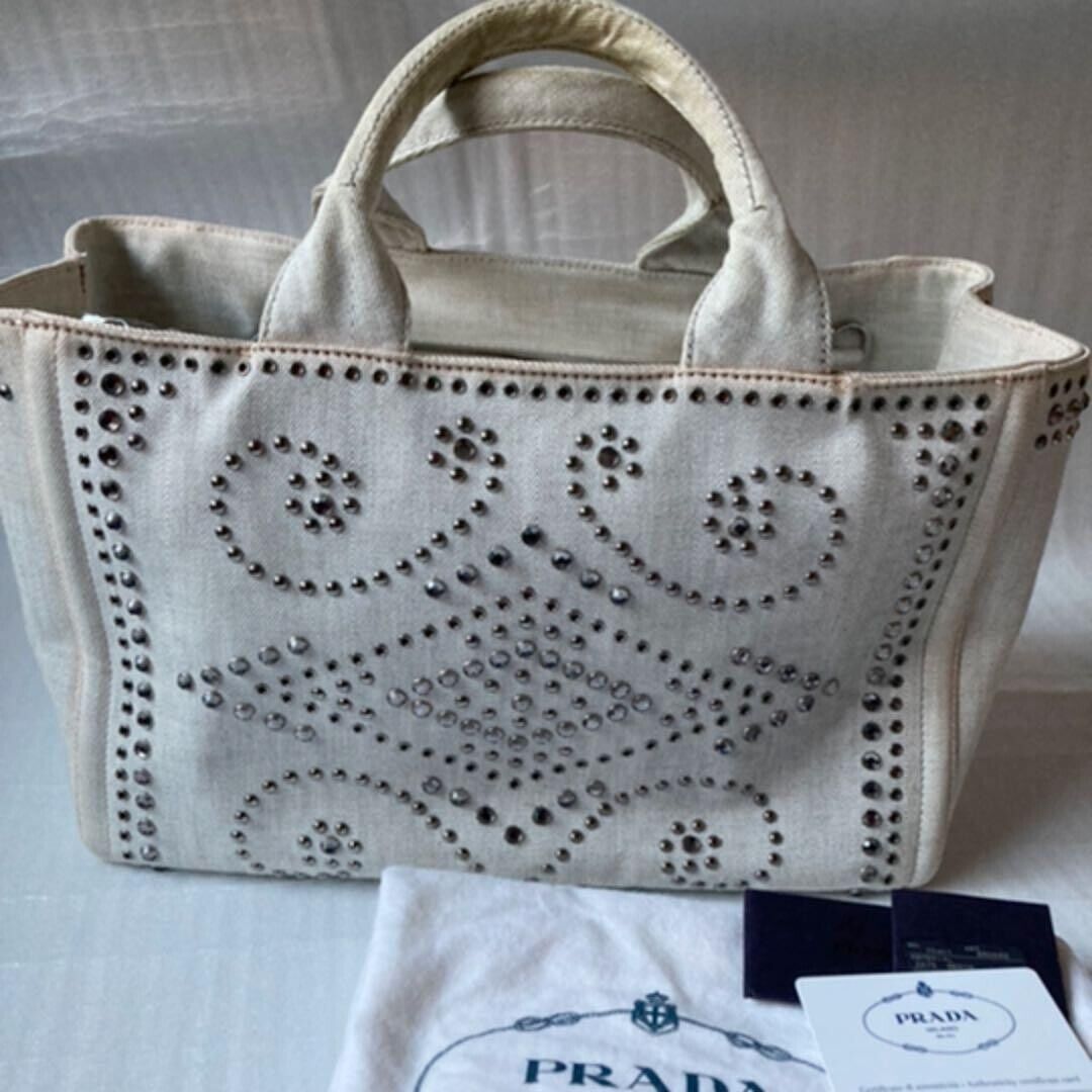 PRADA Canapa Bijou Denim Studded Tote Bag Gray White Used | eBay PRADA Canapa Bijou Denim Studded Tote Bag Gray White Used | eBay