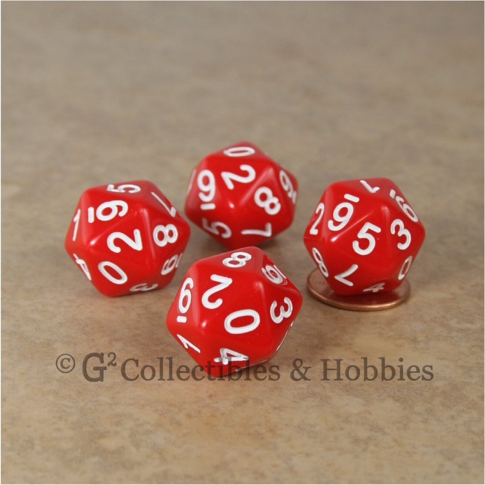 NEW Set of 4 Red D10 Twenty Sided 0 to 9 Twice Game Dice D&D RPG 20mm ...