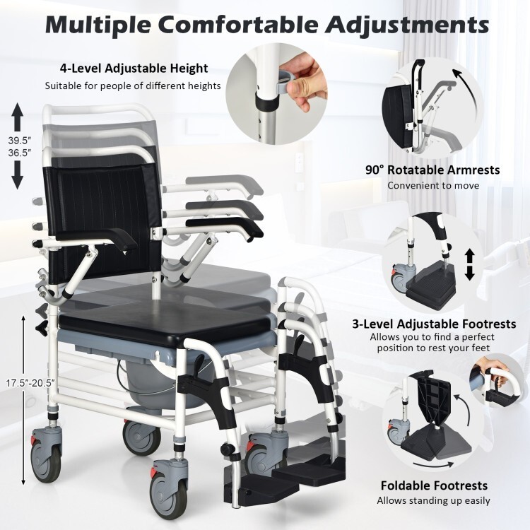 4-in-1 Bedside Commode Shower Chair Elderly Detachable Bucket Medical ...