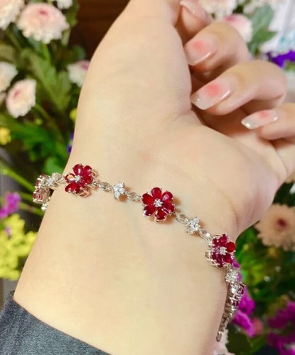 Women's Flower Tennis Bracelet 7CT Pear Simulated Ruby 925 Real ...