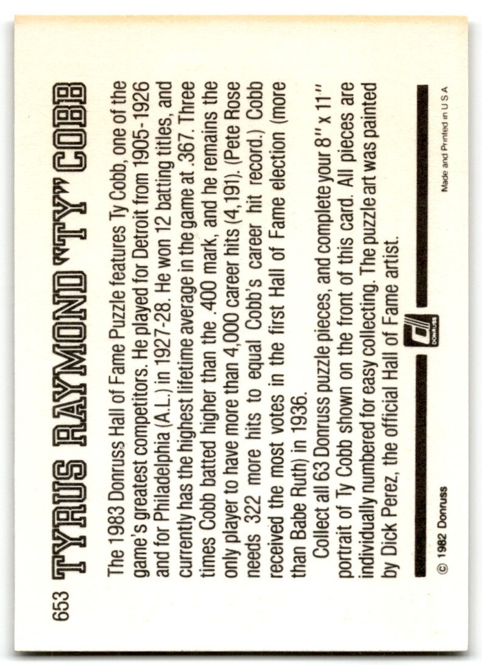 1983 Donruss Ty Cobb Detroit Tigers #653 | eBay