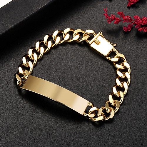 Men's 8" 18k Real Gold Plating 10mm Cuban Curb Chain Smooth Bar ...