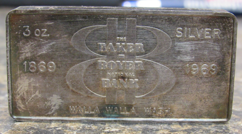 BAKER BOYER BANK W.H. Foster Inc. Walla Walla WA 3oz .999 Silver Bar M ...