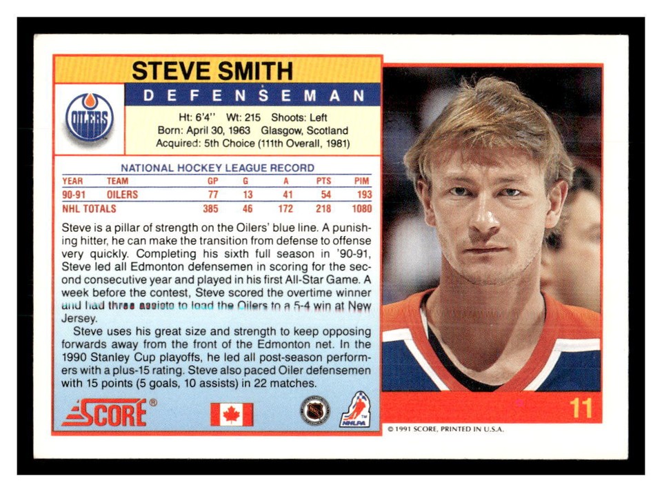 1991 Score Canadian English #11 Steve Smith - Edmonton Oilers | eBay