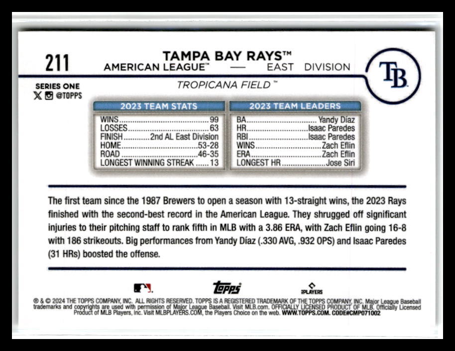 Tampa Bay Rays 2024 Topps #211 Tampa Bay Rays | eBay