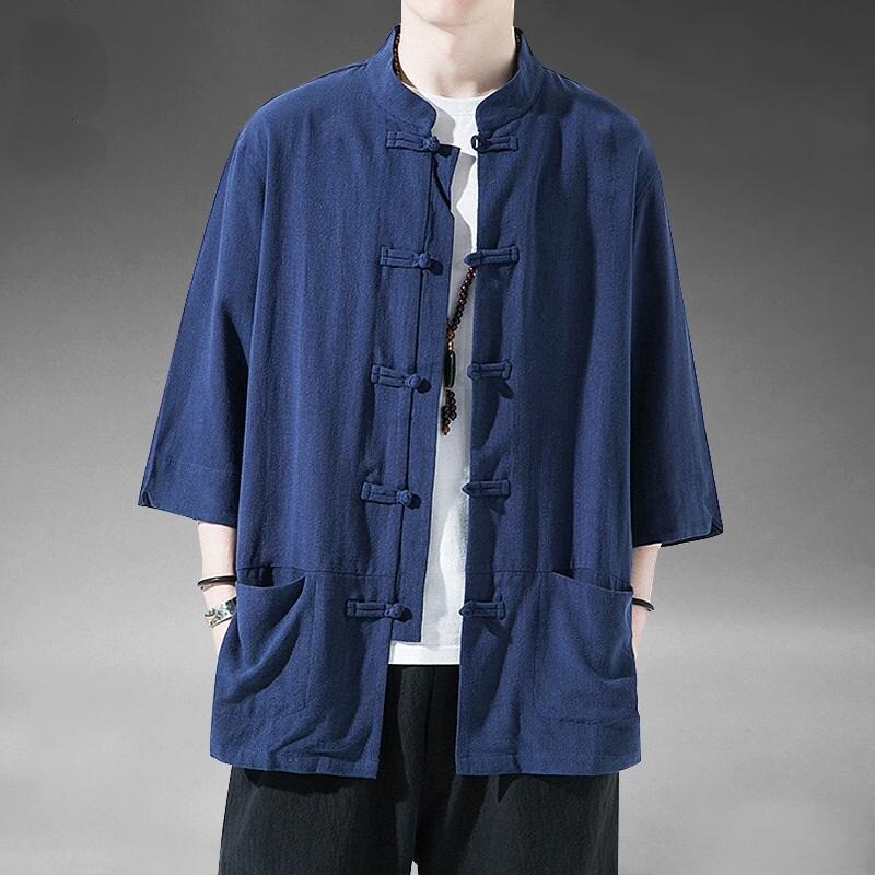 Men Chinese Tai Chi Tang Suit Half Sleeve Shirt Kung Fu Jacket Retro ...