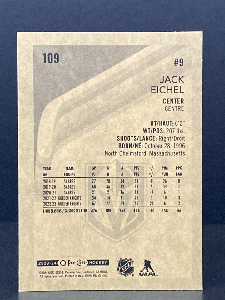 2023-24 O-Pee-Chee Retro Parallel Jack Eichel Vegas Golden Knights #109 ...