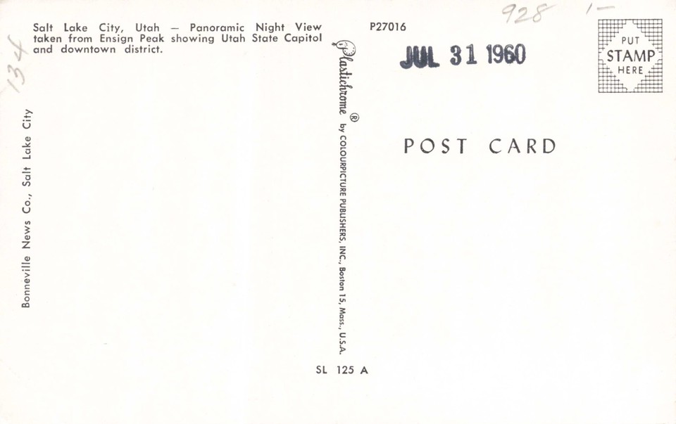 Postcard Utah Salt Lake City Night View from Ensign Peak State Capital ...