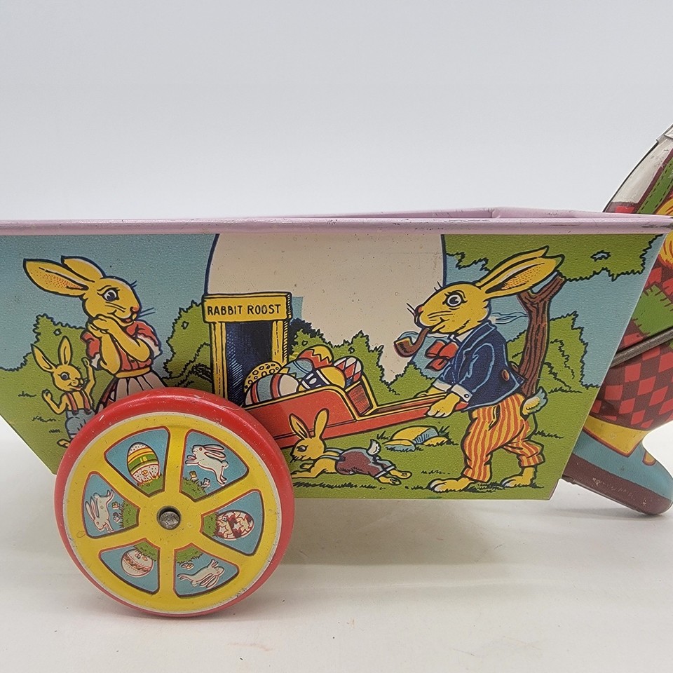 Vintage 1950's J Chein & Co. Easter Bunny Rabbit Pulling Cart Tin Litho ...