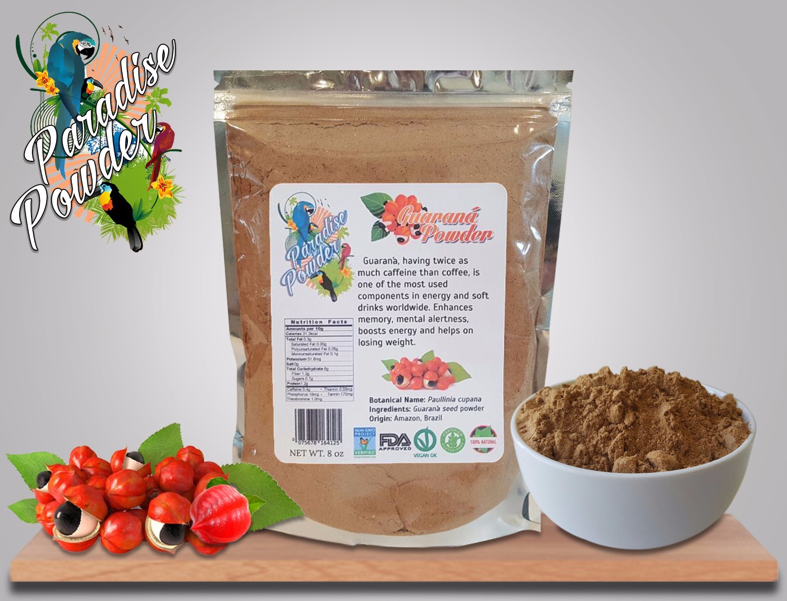 GUARANA SEED Powder 8oz 1/2lb Brain Stimulant Highest Natural Energy ...