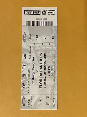 Pittsburgh Penguins Florida Panthers 10/22/2019 Full Ticket Sidney ...