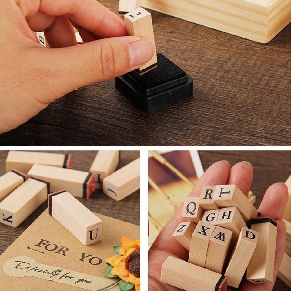 Mini Wooden Rubber Stamp Alphabet Letters Numbers A-Z Blocks Card ...