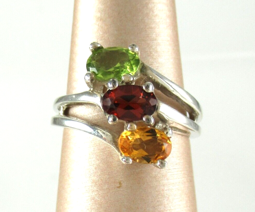 .925 Sterling Silver 3 Stone Ring Split Shank Garnet Citrine Peridot sz ...