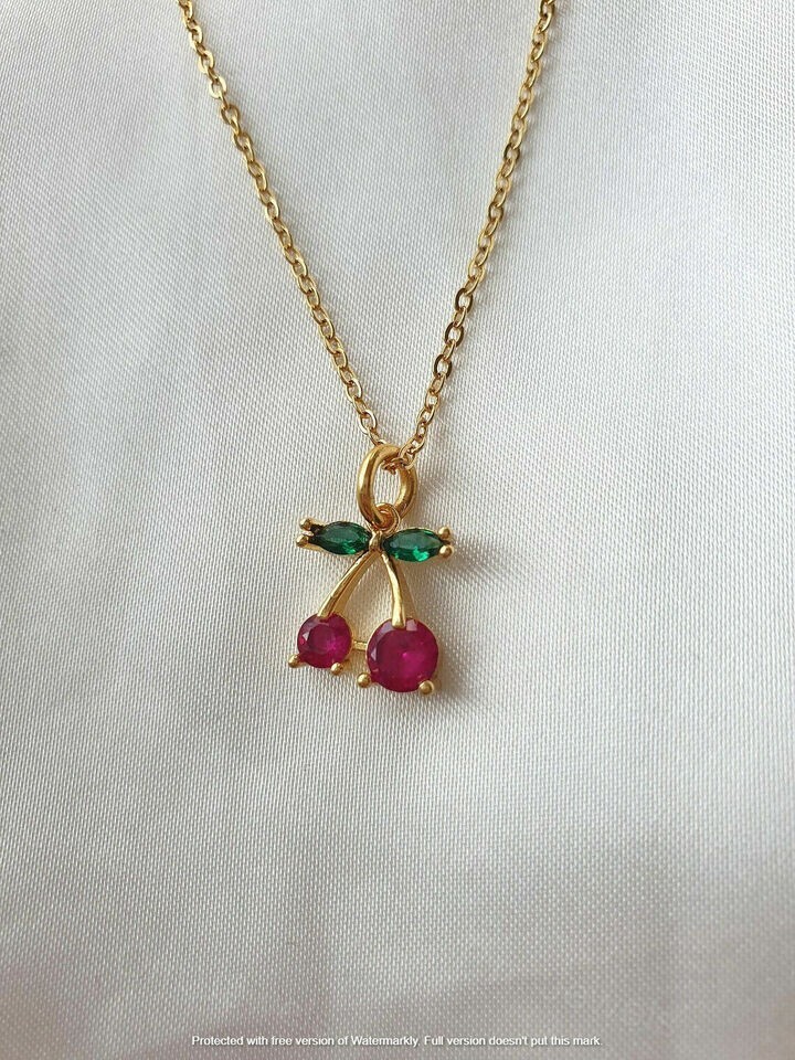 1 Ct Round Cut Red Ruby Cherry Pendant 14K Yellow Gold Finish Free ...