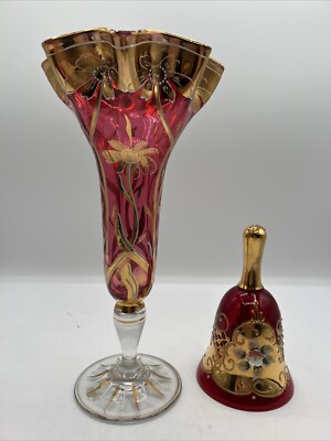 Gold Gilded & Enameled Bohemian Glass Vase 10.25” Cranberry Moser ...