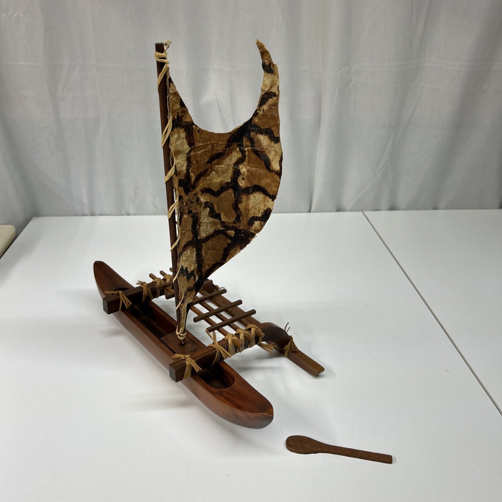 Vintage Hand Carved Wooden Polynesian Outrigger Canoe with Bark Cloth ...
