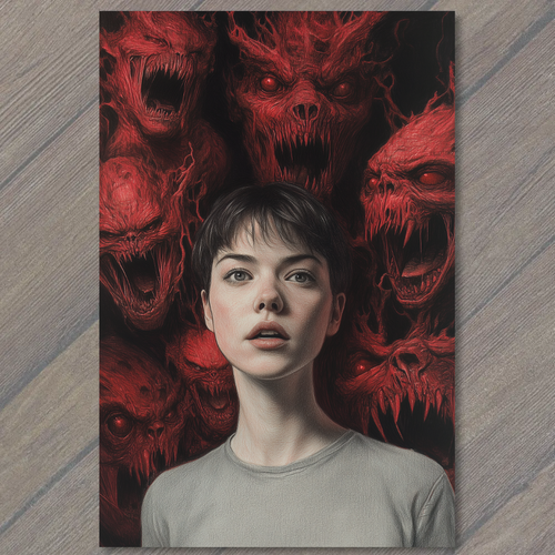 POSTCARD Short Haired Girl Surrounded By Red Demons Screaming Faces ...