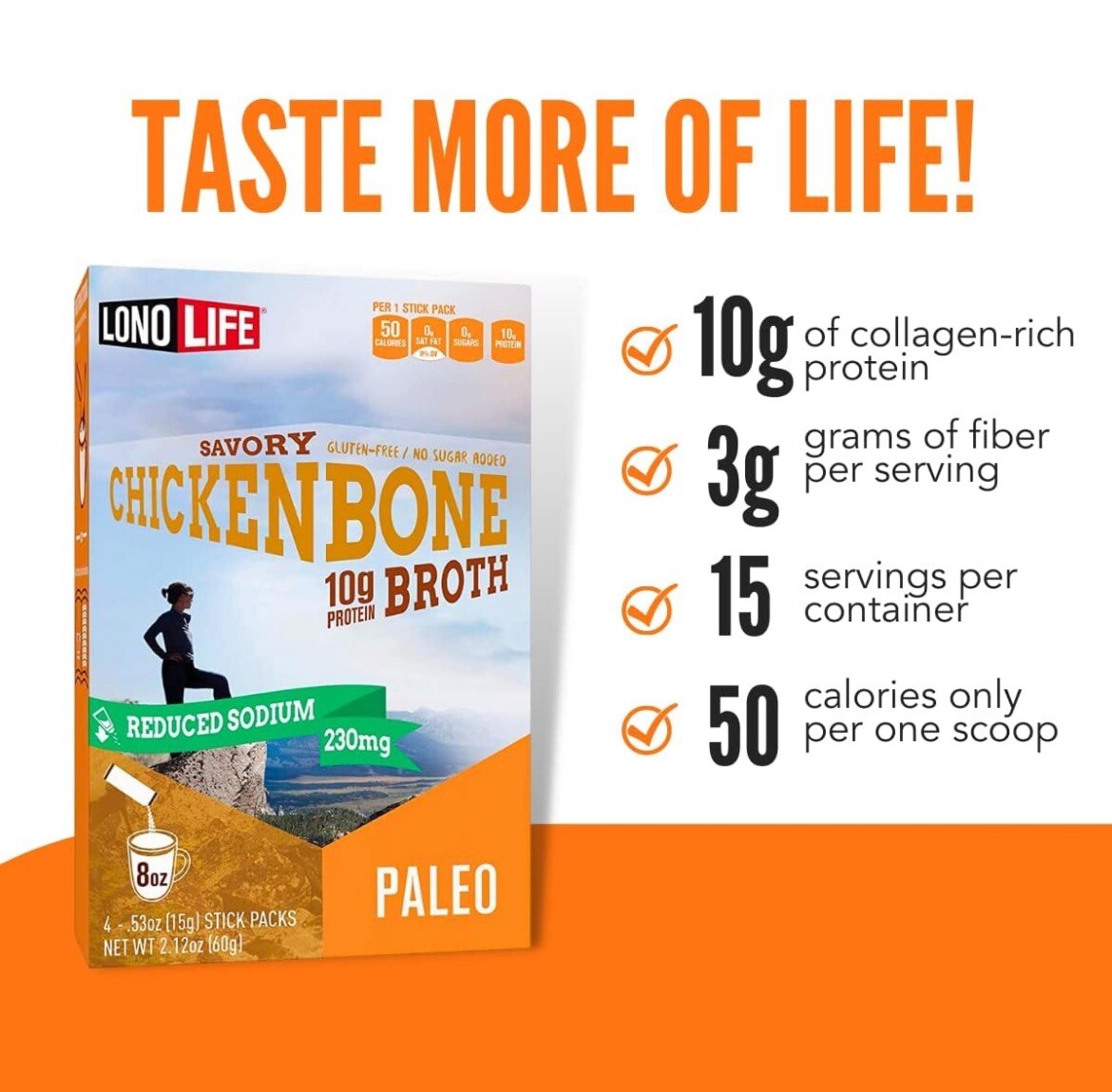 LonoLife Chicken Bone Broth Sticks: 10g Protein, Keto-Friendly 10 Pack ...