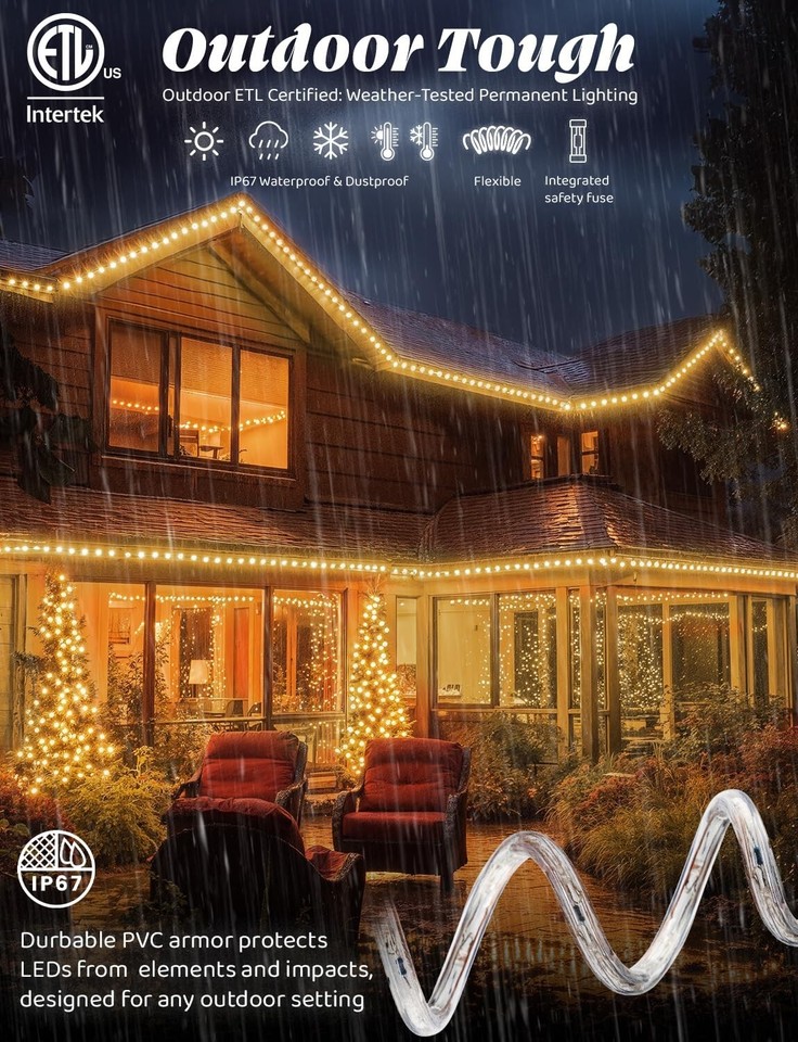 LED Rope Light 10/20/25/50/100/150ft Outdoor Tree Waterproof Holiday ...