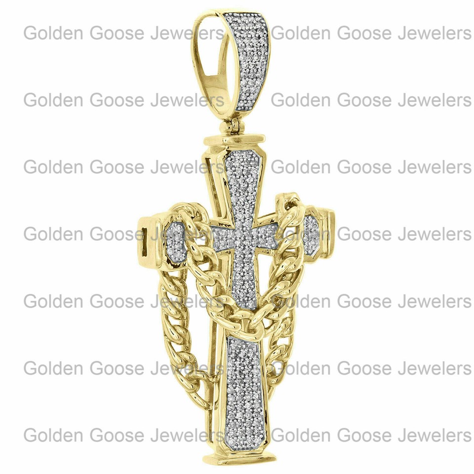 10K Yellow Gold Genuine Diamond Cuban Link Cross Pendant 2" Pave Charm ...