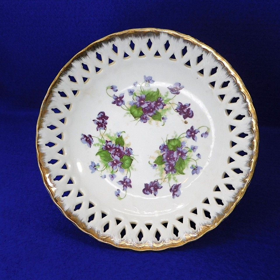 Vintage Lefton Violets Compote / Candy Dish Reticulated Porcelain 7.25 ...