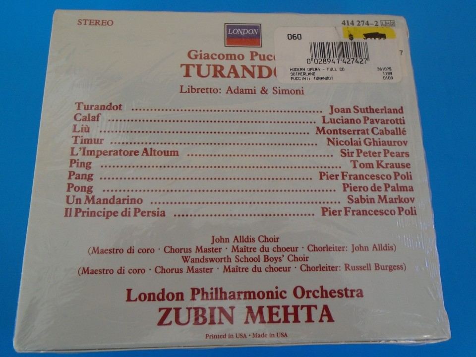 Puccini London Philharmonic Orchestra Zubin Mehta Turandot 2xCD Box Set ...