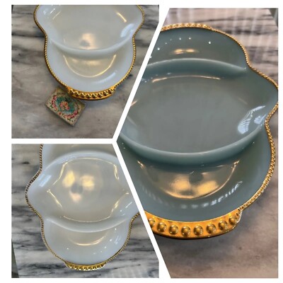 FIRE KING SET/3 PC LOT/DELPHITE BLUE/MILK GLASS/3 SECTION RELISH DISHES ...