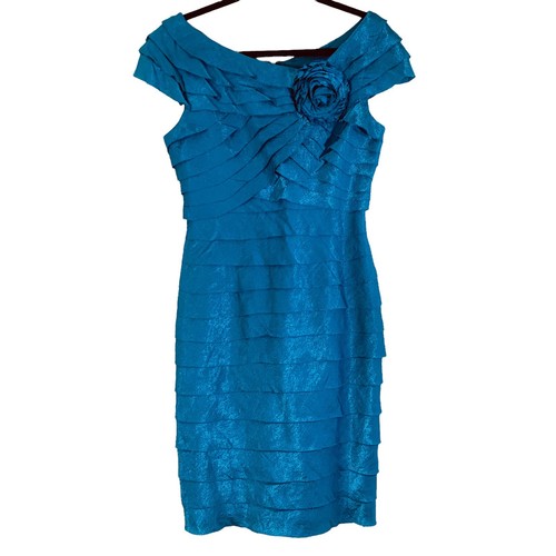 LONDON STYLE Shimmery Layered Hug Shoulder Neckline Dress Teal Blue | eBay